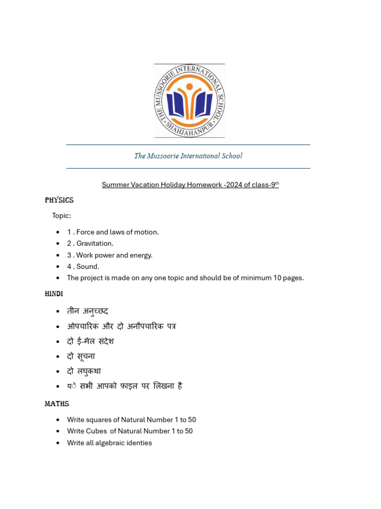 Class - 9th Holiday Homework | PDF