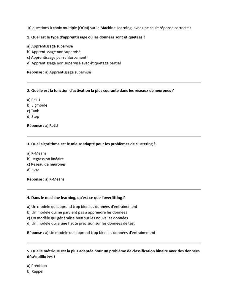 10 QCM Corrigés Machine Learning | PDF
