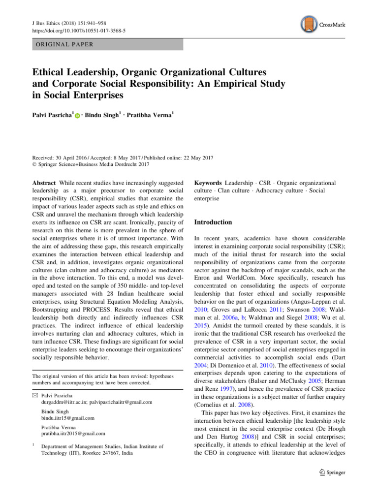 Ethical Leadership, Organic Organizational Cultures and Corporate ...