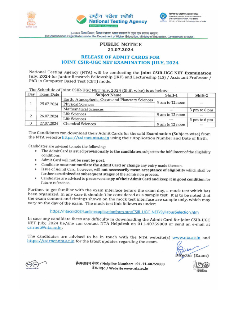 Public Notice For Joint Csir Ugc Net Admit Card | PDF
