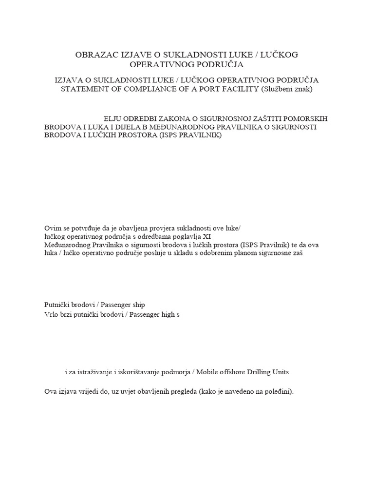 Obrazac Izjave o Sukladnosti Luke - Lučkog Operativnog Područja | PDF