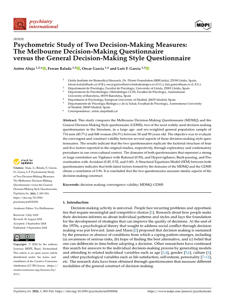 Psychometric Study of Two Decision-Making Measures | PDF
