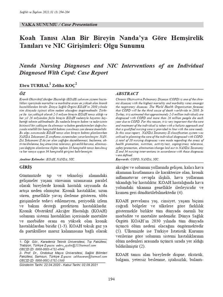21 Koah Tanisi Alan Bir Bireyin Nandaya Gore Hemsirelik Tanilari Ve NIC Girisimleri Olgu Sunumu ...
