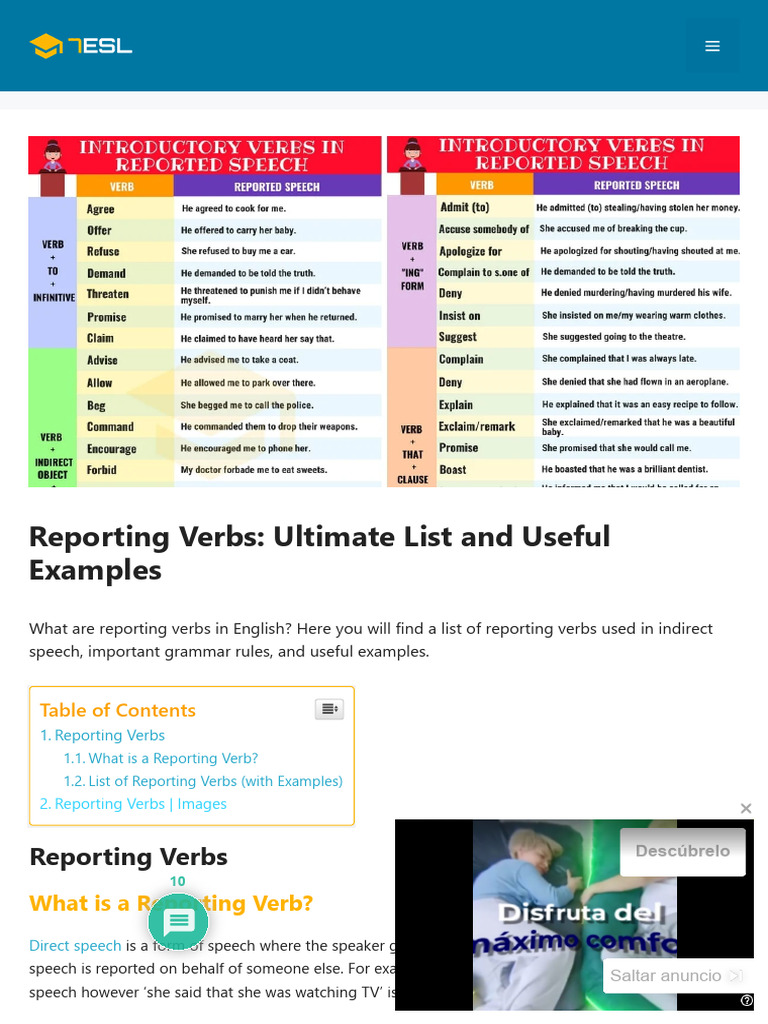 Reporting Verbs Ultimate List and Useful Examples 7esl PDF | PDF