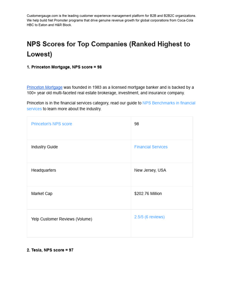 Top 100 NPS Scores, Curated by CustomerGauge | PDF