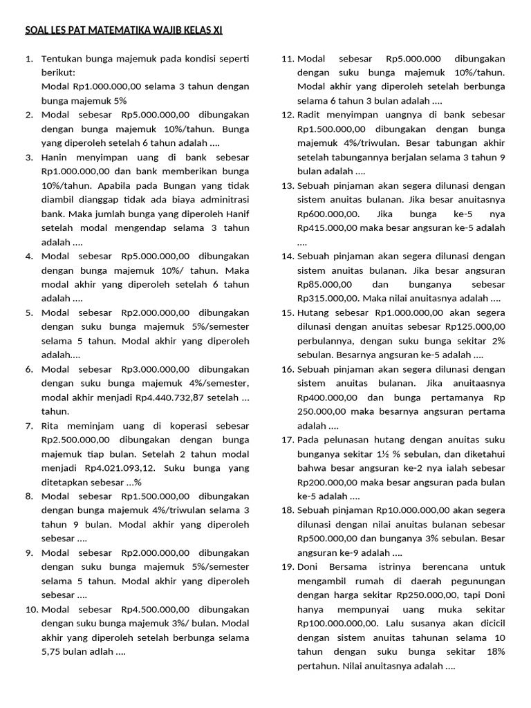 Soal Les Pat Matika Wajib Xi | PDF