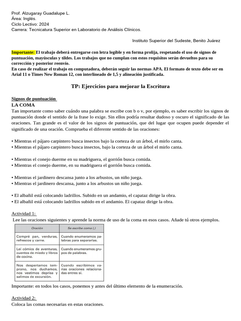 TP Ejercicios Escritura LAB Prof. Alzugaray Guadalupe | PDF | Puntuación | Ciencias sociales