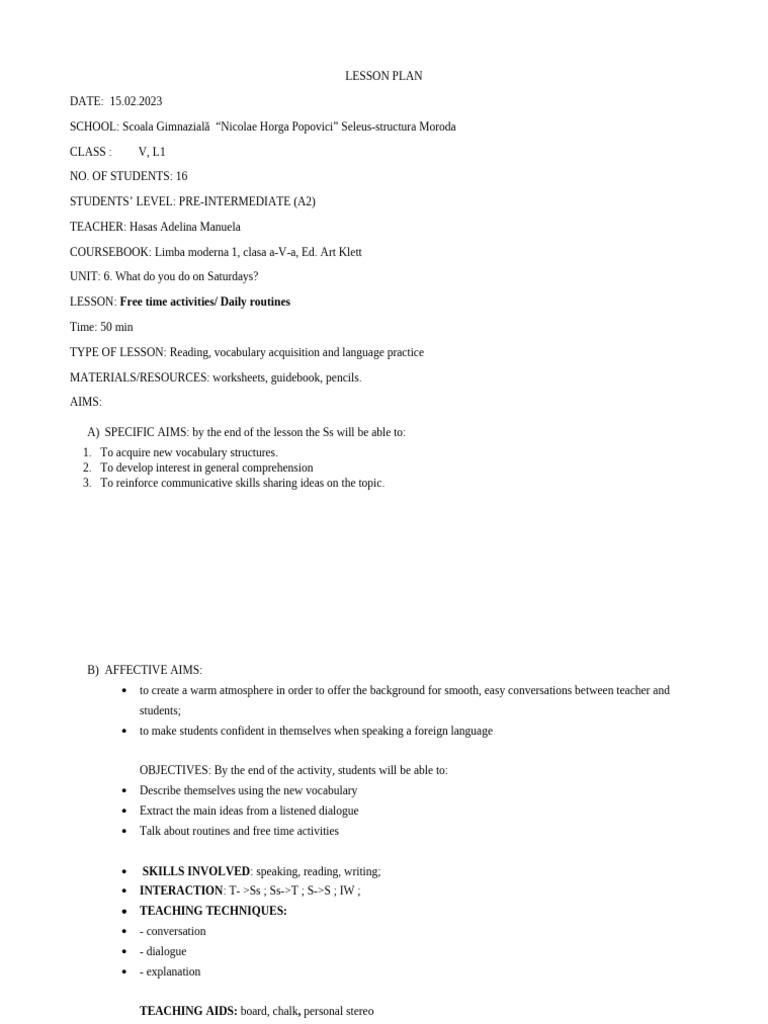 Lesson Plan Leisure Activity A 5a | PDF