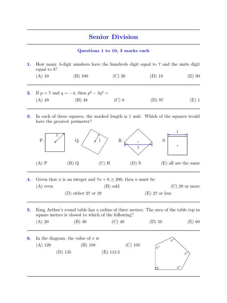 Senior Division: Questions 1 To 10, 3 Marks Each | PDF