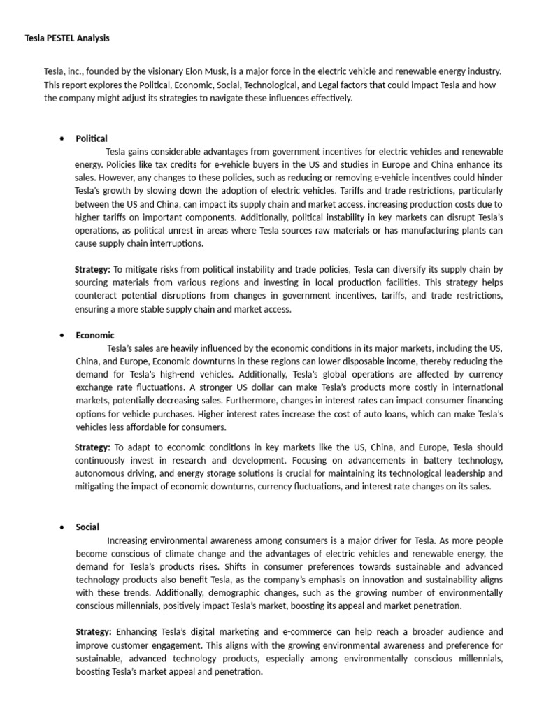 Tesla PESTEL Analysis Overview | PDF | Sustainability | Electric Vehicle