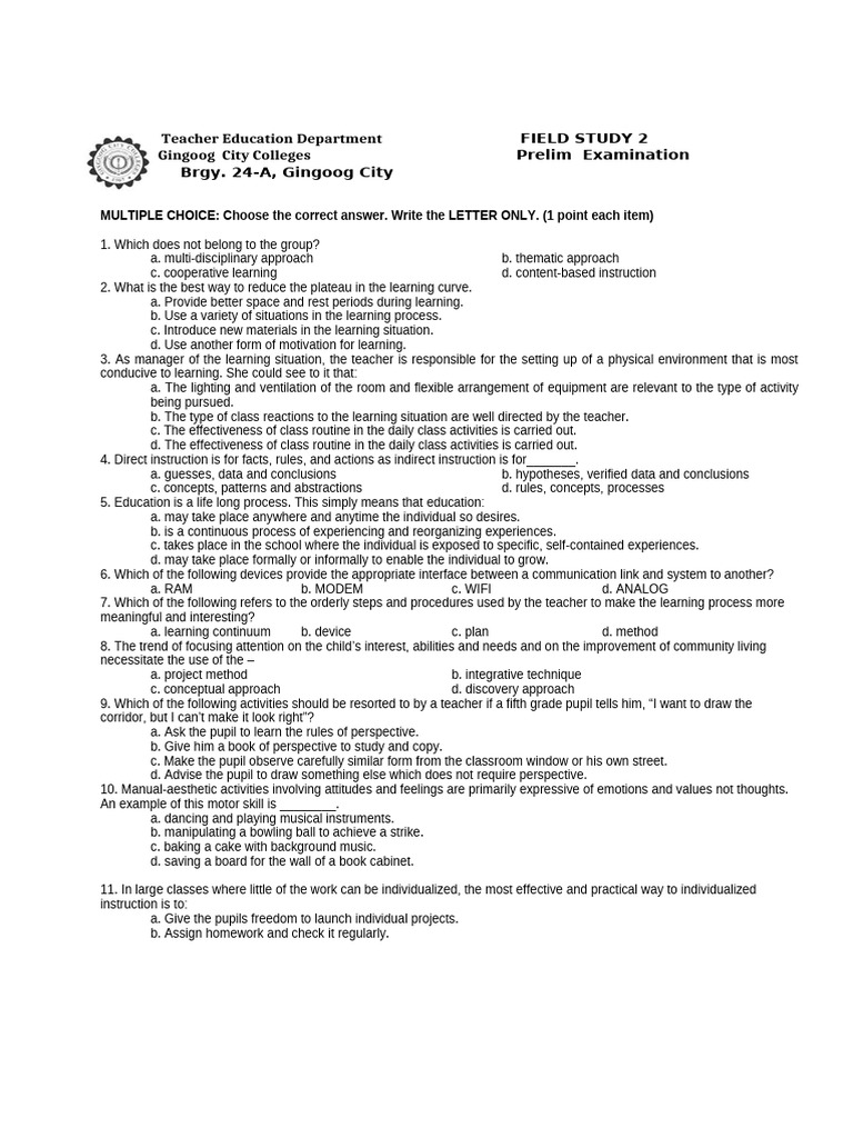 Field Study 2 Exam | PDF