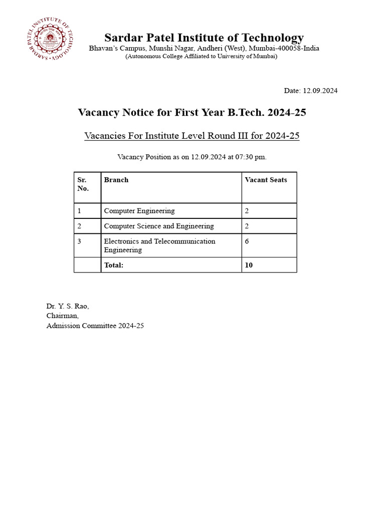Vacancy Notice 2024 25 For Round III As of 07 - 00PM On 12 September ...