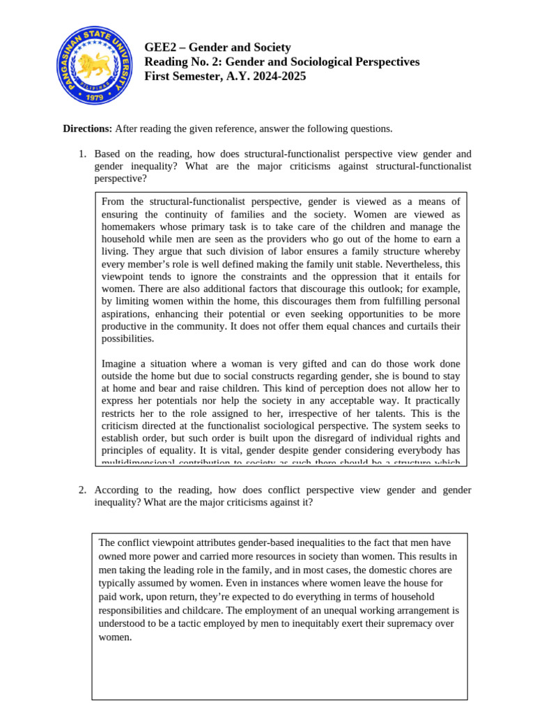 Reading No. 2 - Gender and Sociological Perspectives | PDF