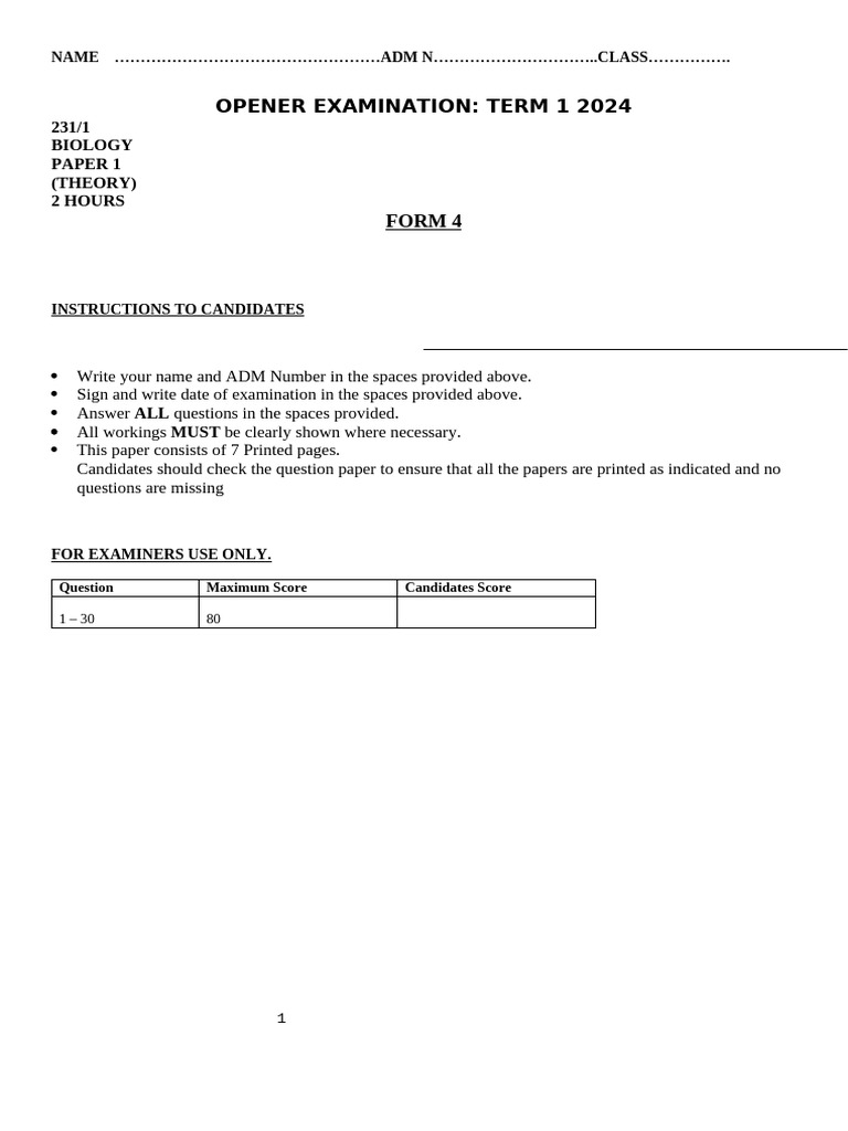Biology F4 Exam Term 1 Qs Teacher - Co .Ke | PDF