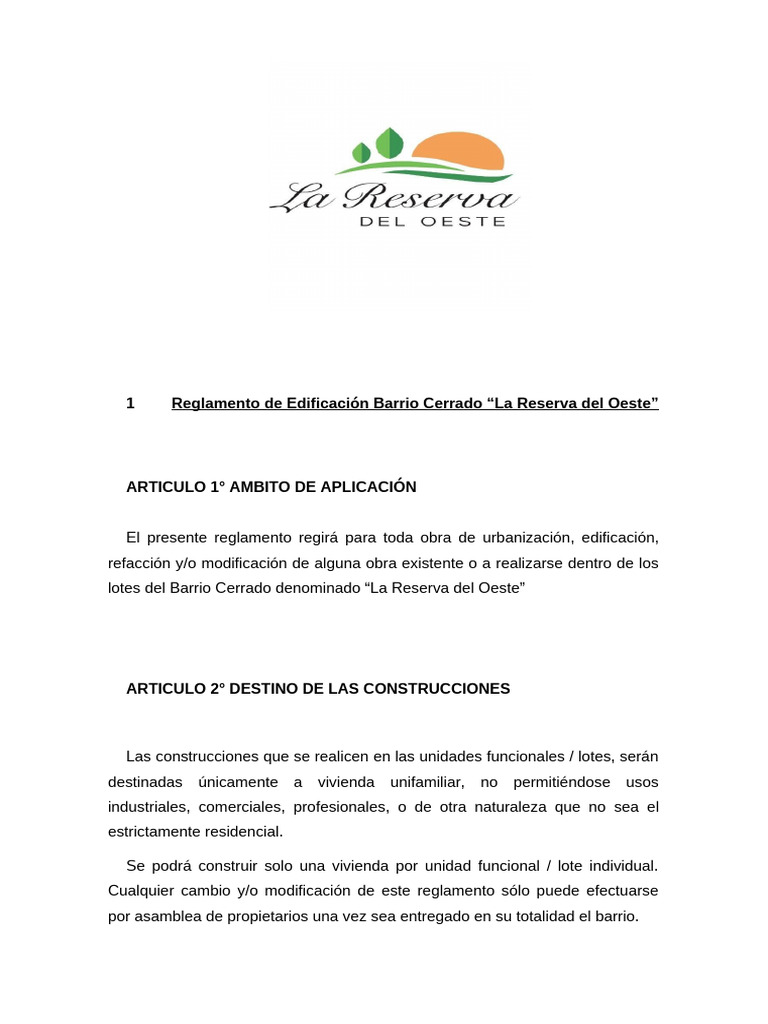 Reglamento de Edificación Barrio Cerrado LA RESERVA DEL OESTE. | PDF