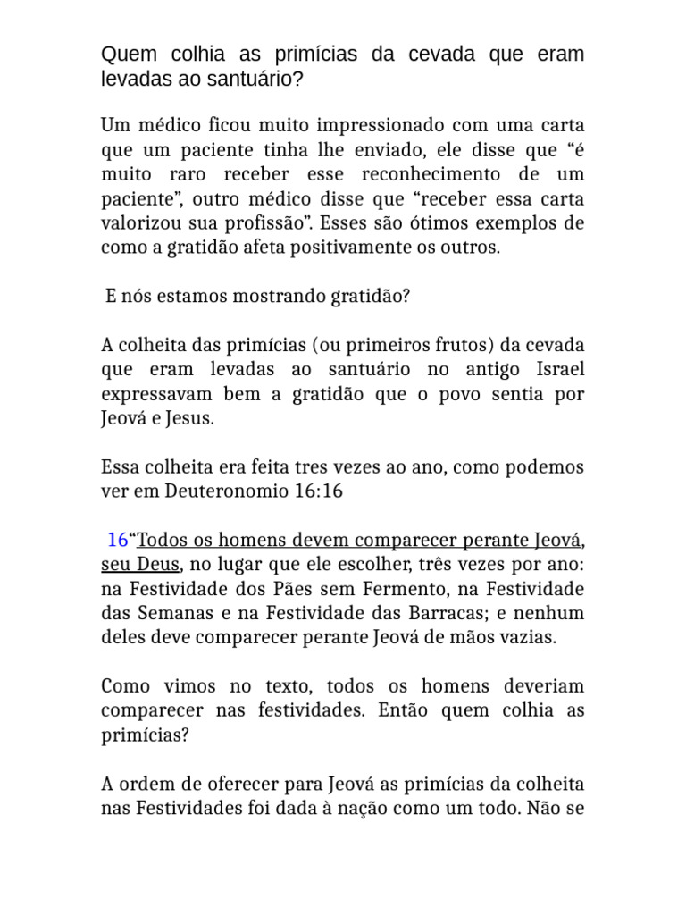 Discurso - Quem Colhia As Primícias Da Cevada Que Eram Levadas Ao Santuário | PDF