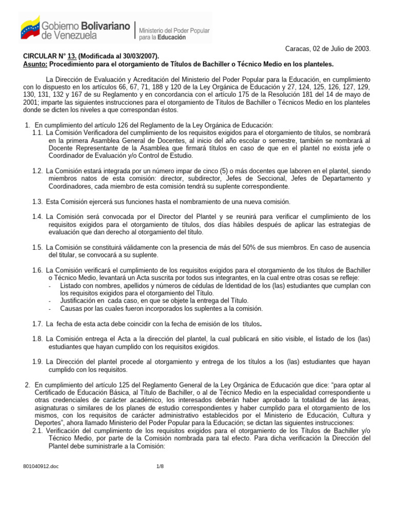 CIRCULAR 13 Otorgamiento de Títulos 02-07-03 Modif 30-03-07 | PDF