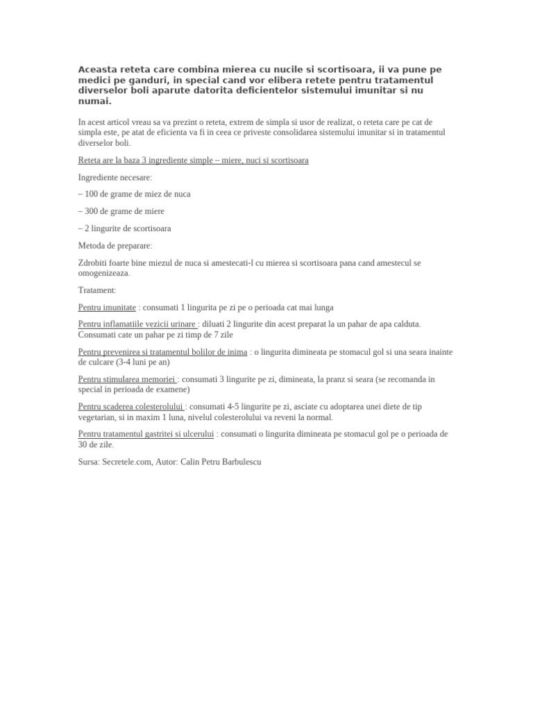 Aceasta Reteta Care Combina Mierea Cu Nucile Si Scortisoara | PDF