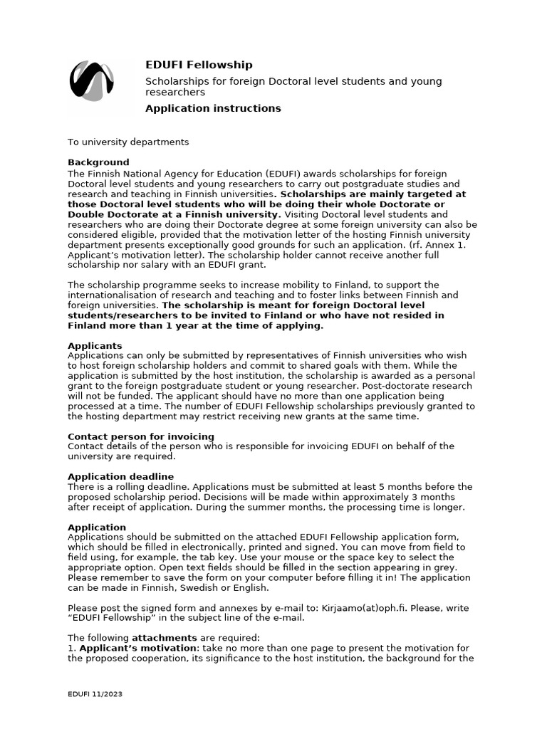 EDUFI Fellowship Application form and instructions_November 2023 | PDF