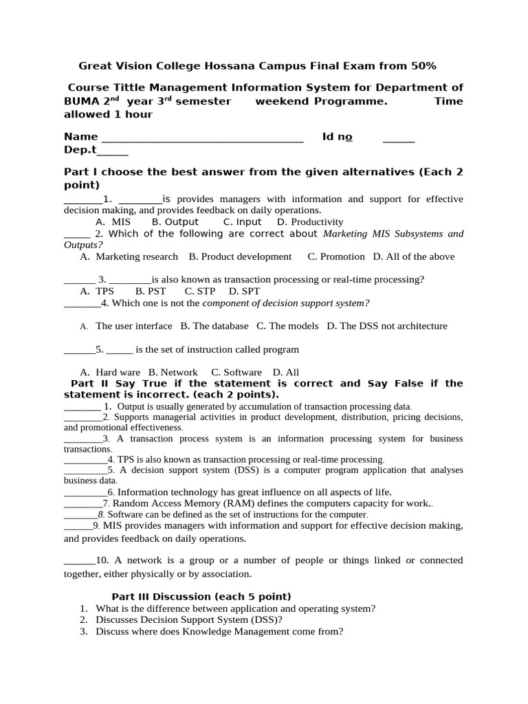 Great Vision College Hossana Campus Final Exam From 50.. | PDF