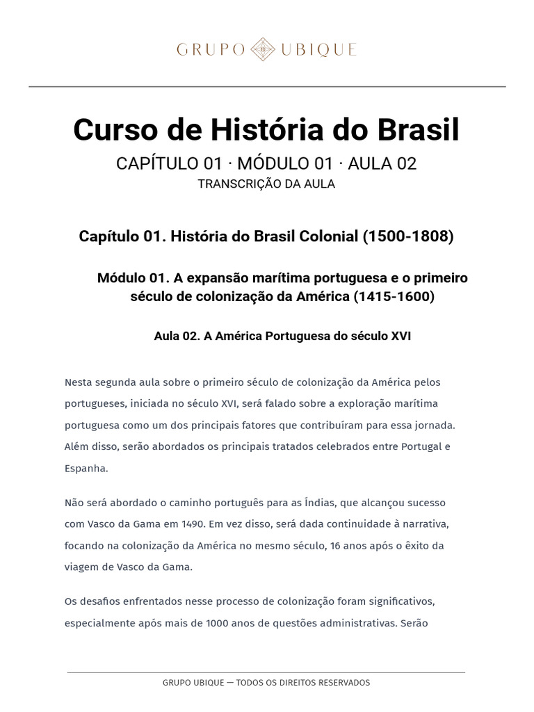 Curso de Hist Ria Do Brasil - Transcri o - Cap 01 M D 01 Aula 02 | PDF