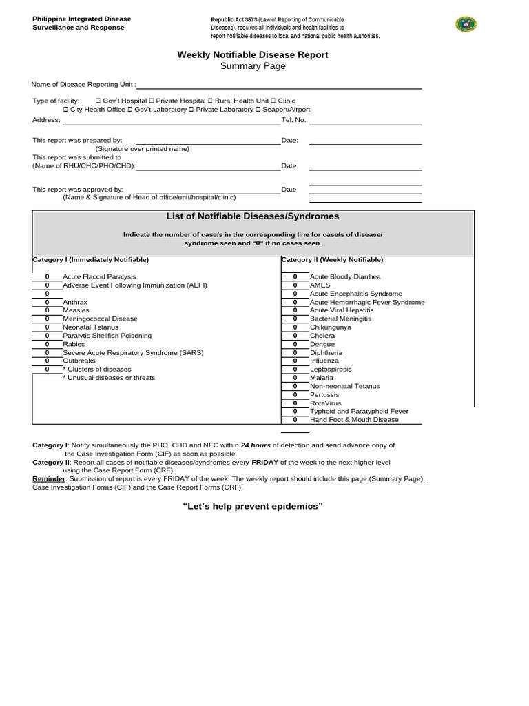 Weekly Notifiable Report Form | PDF