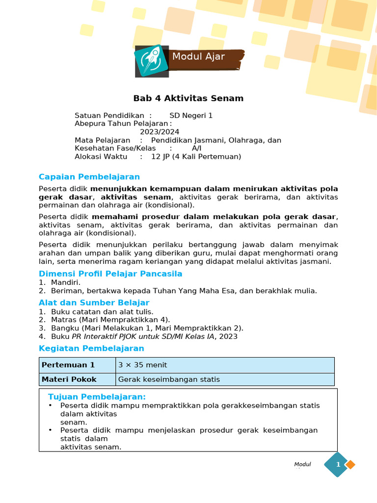 Modul Ajar PR PJOK 1A 2023-2024 Bab 4 | PDF