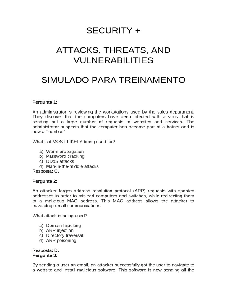 Simulado - Attacks, Threats, and Vulnerabilities - en - Security + | PDF
