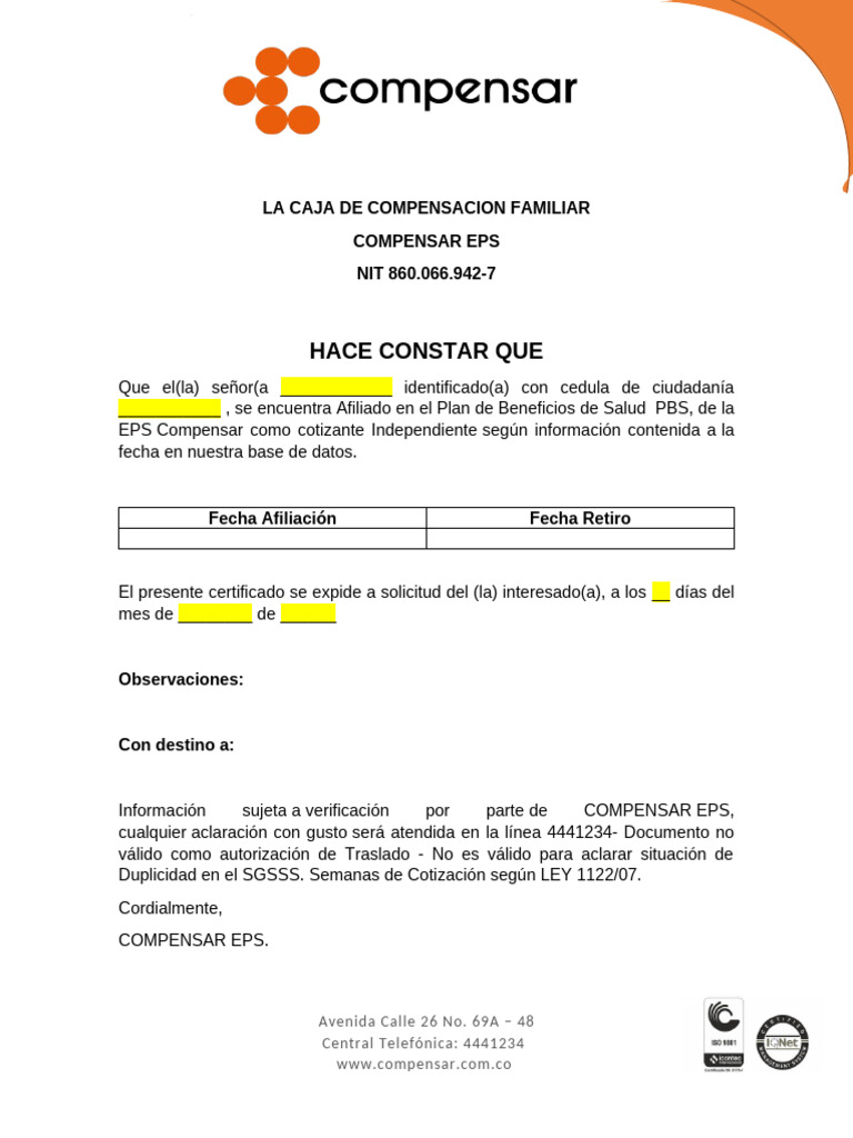 Formato Certificado EPS Compensar Sin Llenar | PDF