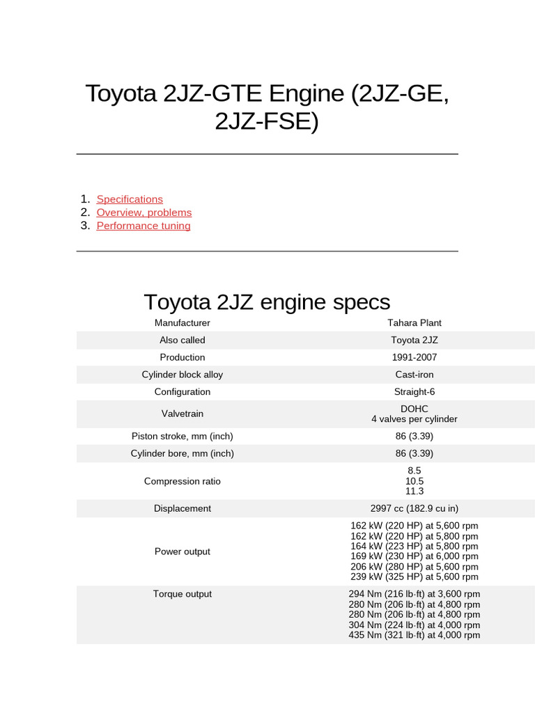 Toyota 2JZ Engine Specs Specifications | PDF