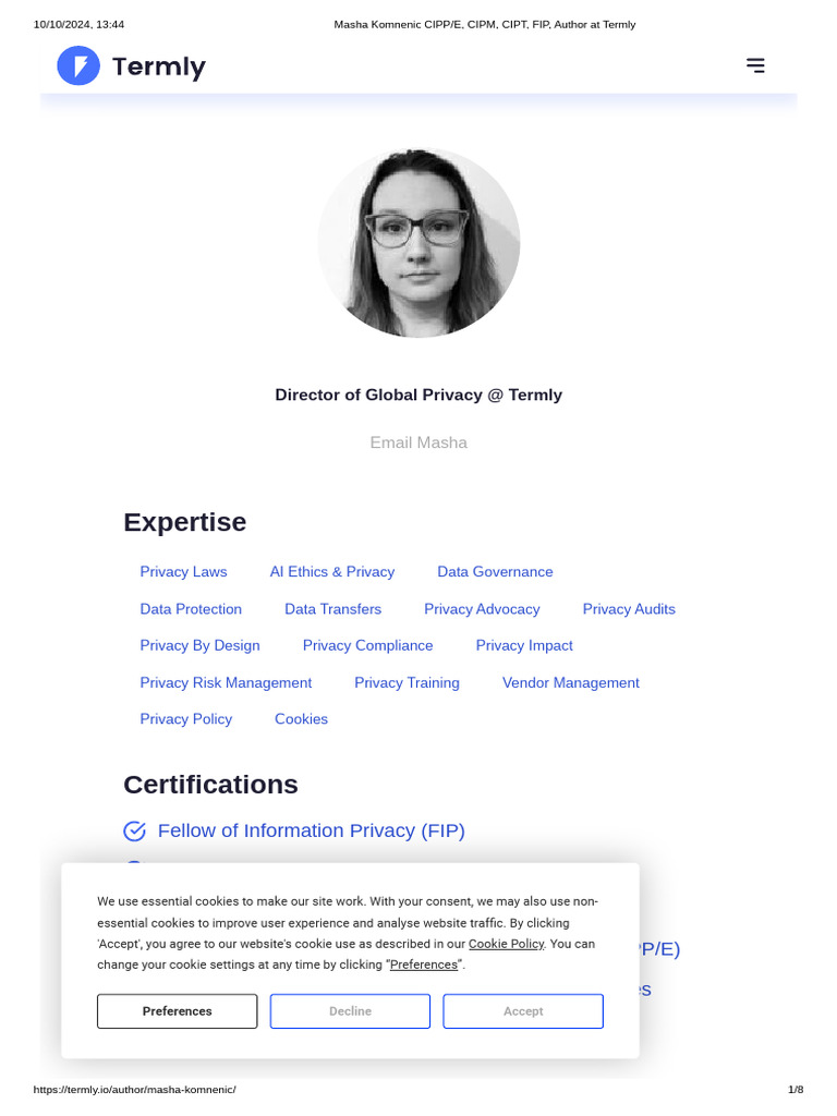 Masha Komnenic CIPP - E, CIPM, CIPT, FIP, Author at Termly | PDF