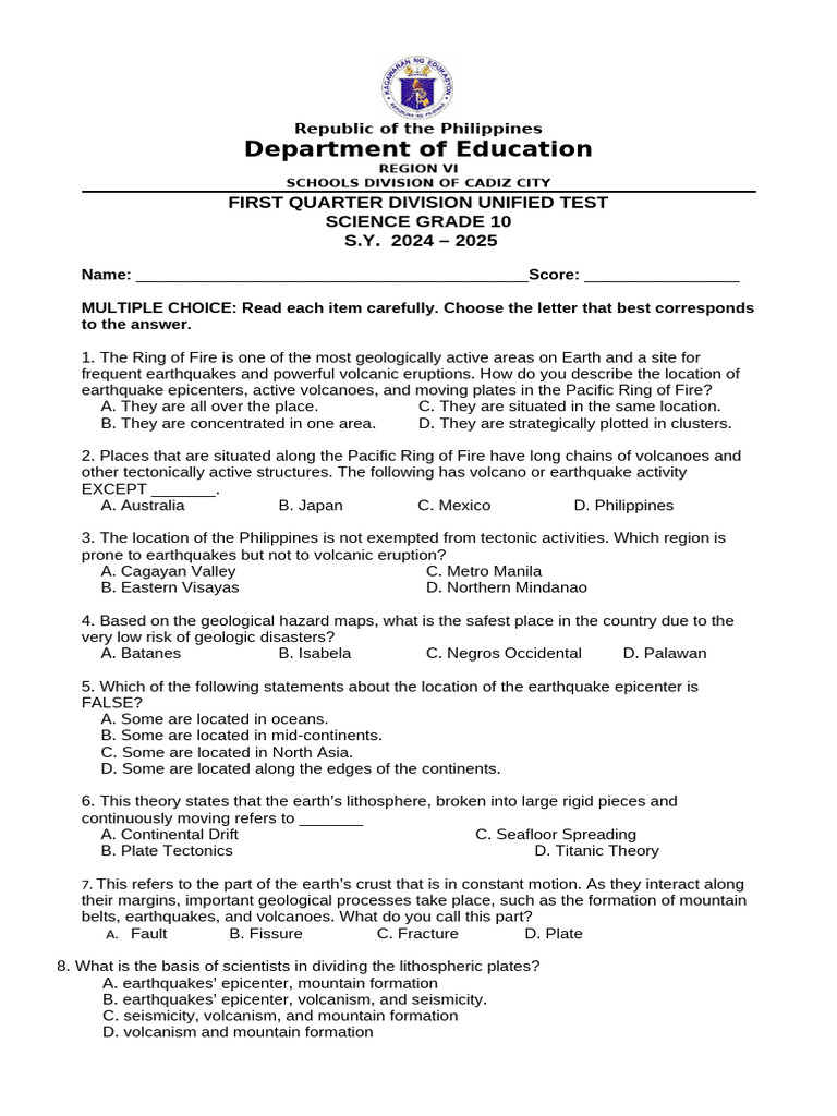Science 10 - Q1 - Exam With TOS | PDF | Plate Tectonics | Science ...