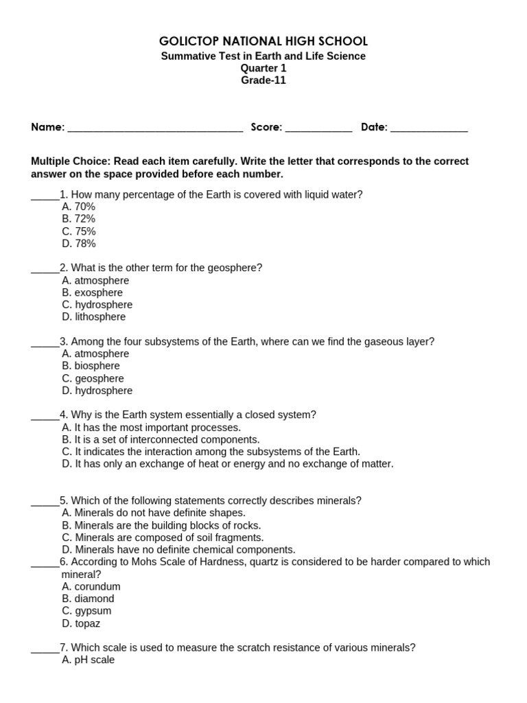 Earth and Life Science Test Q1 Grade 11 | PDF | Rock (Geology) | Magma
