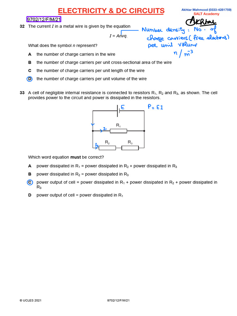 Electricity & DC Circuits 2021 Papers | PDF