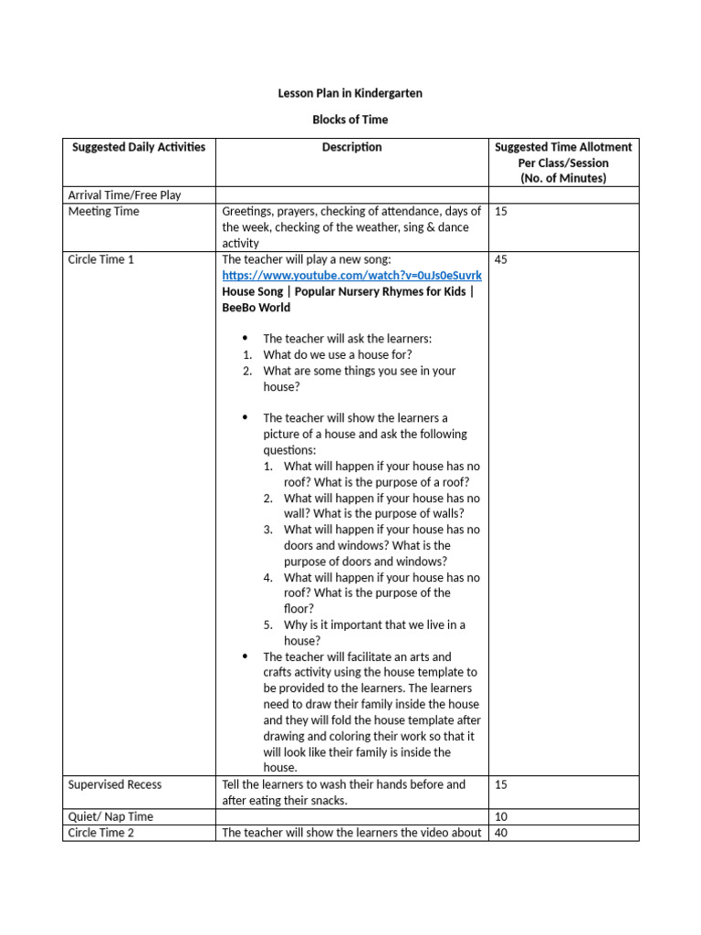 Lesson Plan in Kindergarten Parts of A House | PDF