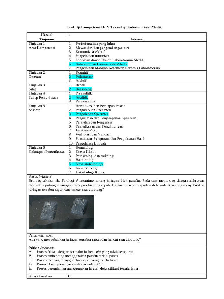 DIV Sitohistoteknologi Soal UKOM TLM 2020 Poltekkes Banjarmasin | PDF