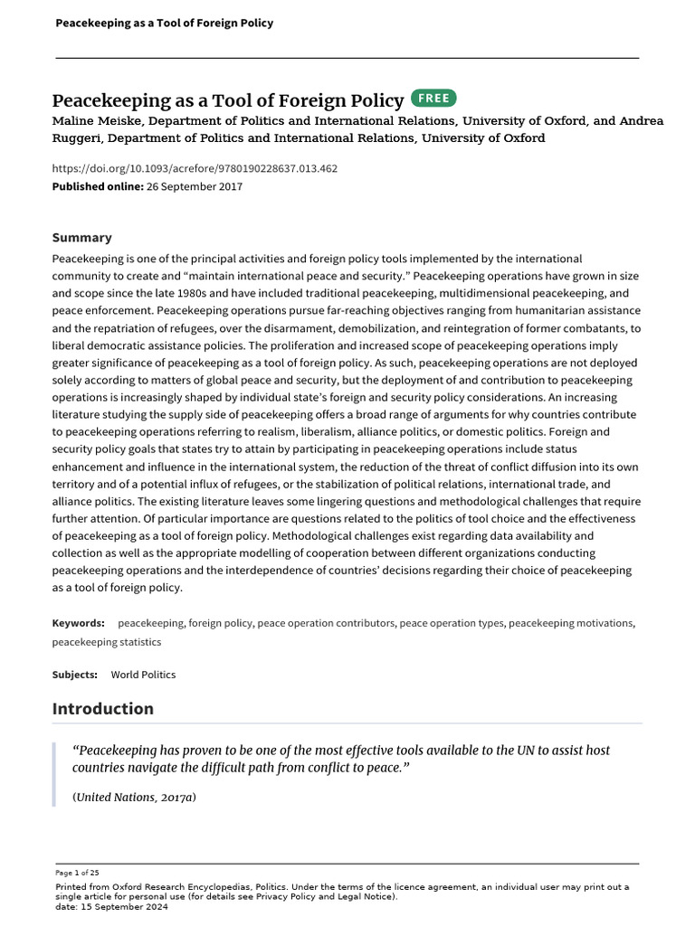 Peacekeeping As A Tool of Foreign Policy, Maline Meiske, Andrea Ruggeri ...