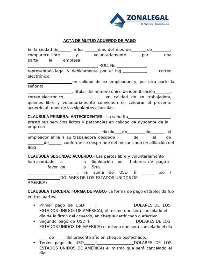 Acta de Mutuo Acuerdo de Pago | PDF
