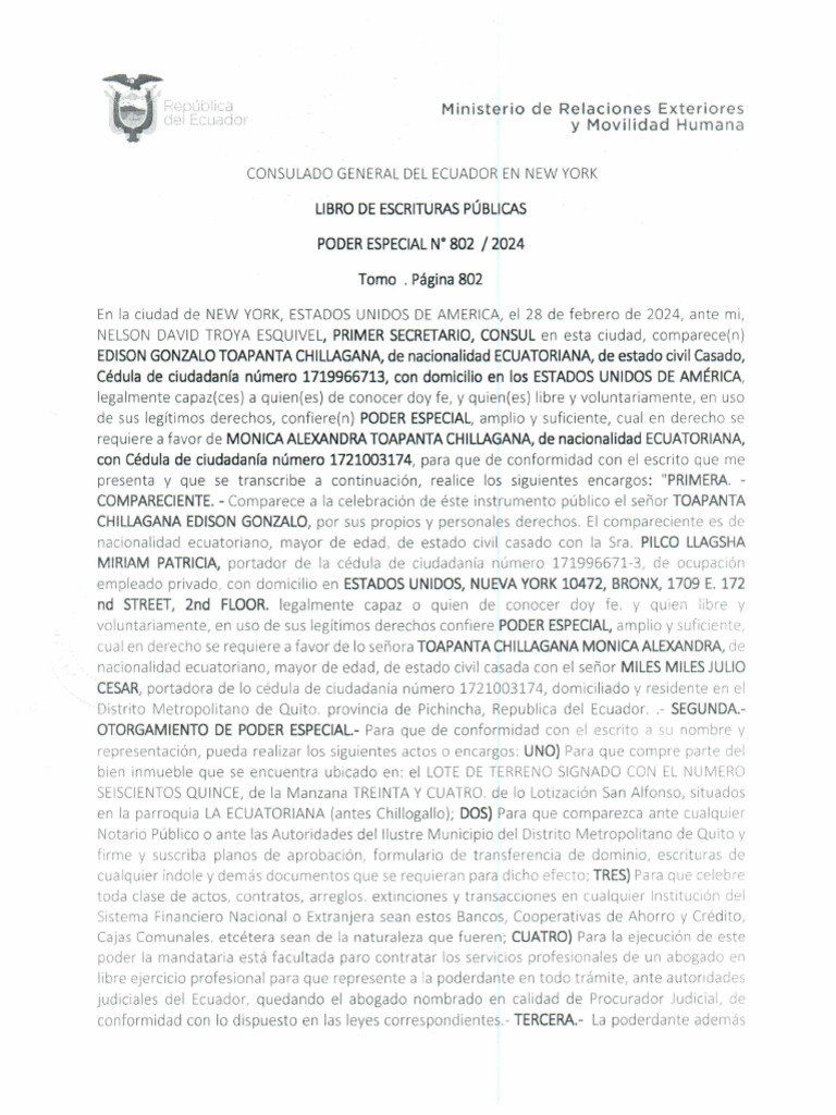 ACTO NOTARIAL (PODER ESPECIAL CON MINUTA No. 802) | PDF