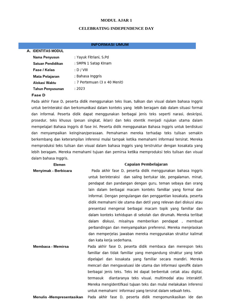 Modul Ajar Kelas 8 1 Independence Day Pdf