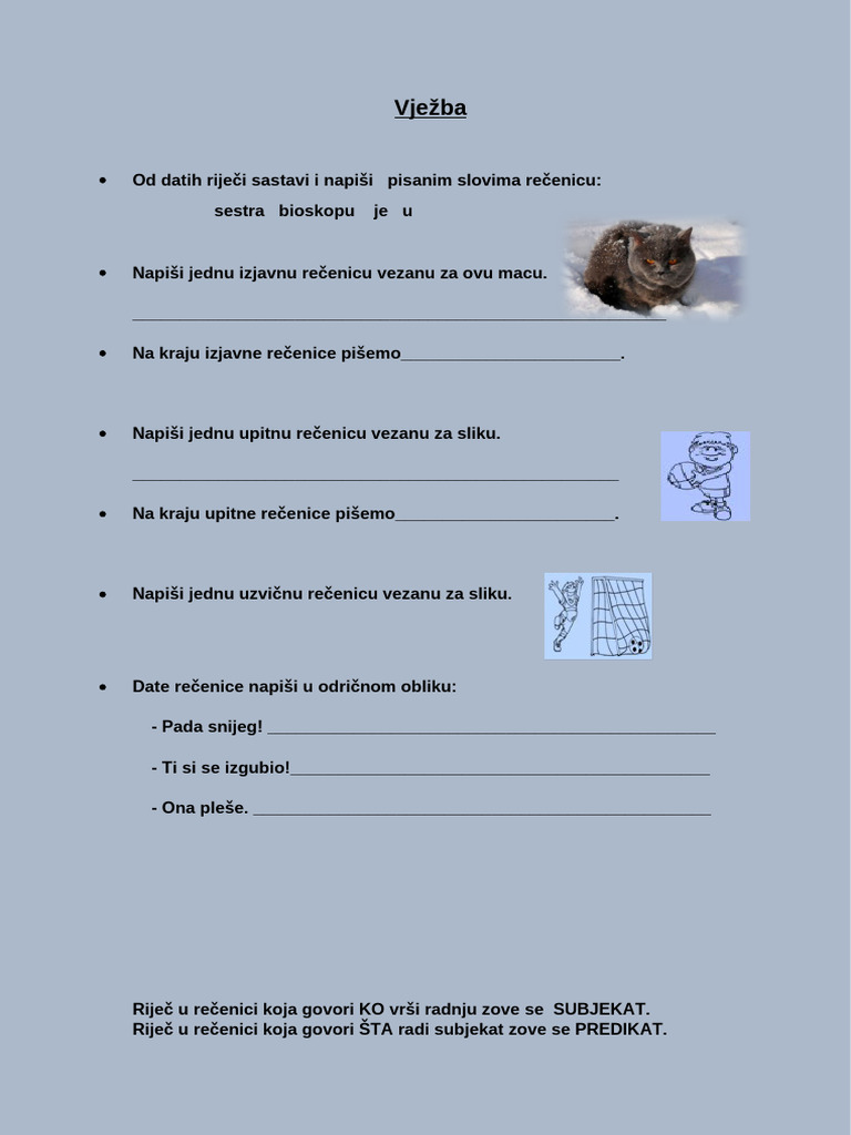Vježba - Subjekat I Predikat - Radni Materijal | PDF