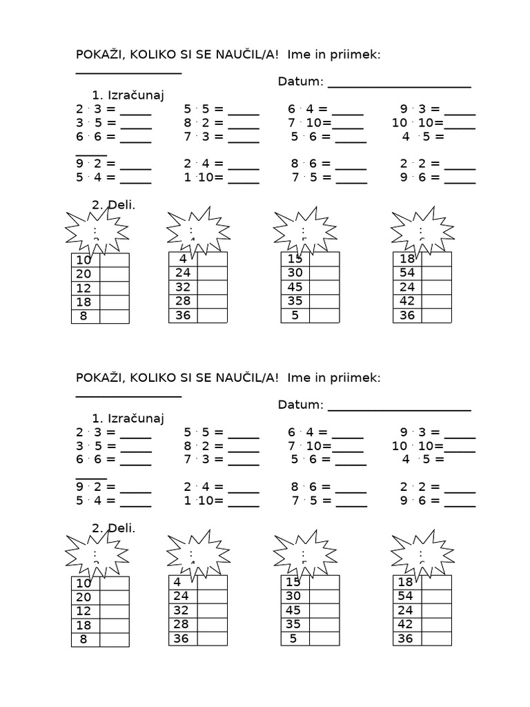 Poštevanka Št. 2,3,4,5,6,10 Vaja | PDF
