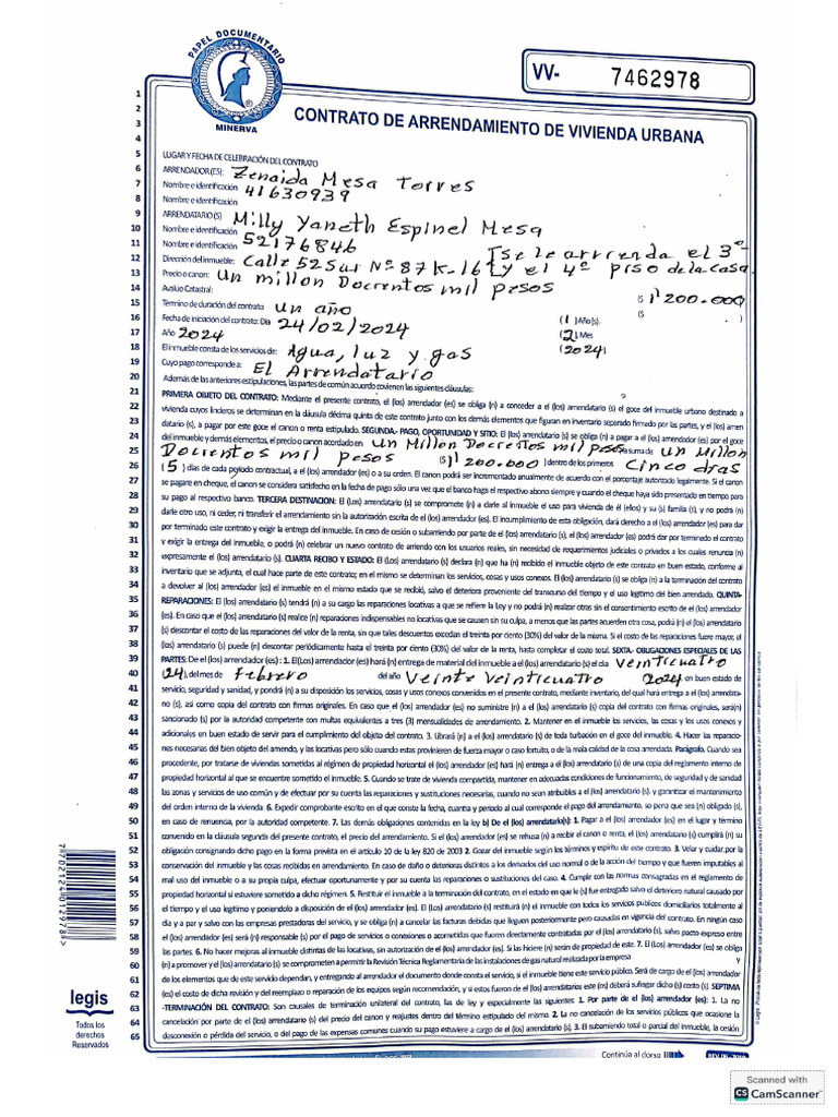 Contrato de Arrendamiento Milly Yaneth Espinel Mesa | PDF