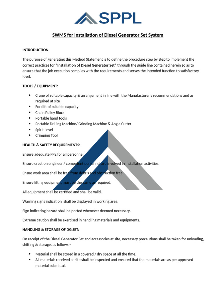 SWMS For Installation of Diesel Generator Set System | PDF
