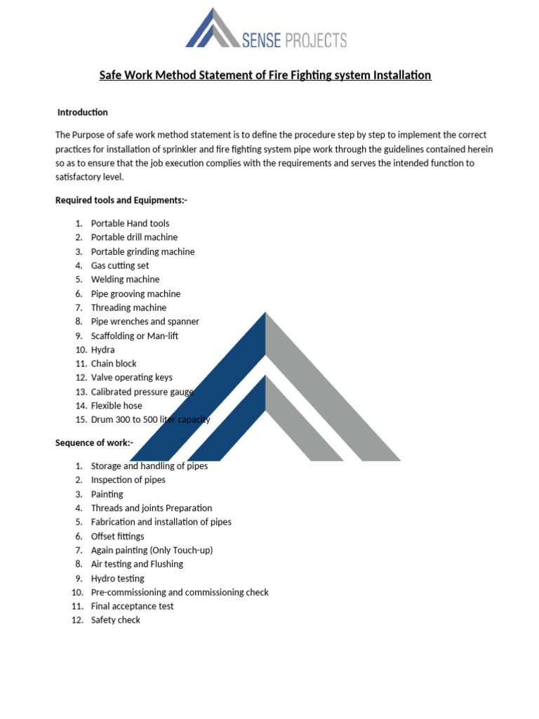Safe Work Method Statement For Installation of Sprinkler & Fire Fighting System Pipe Work - 2 | PDF