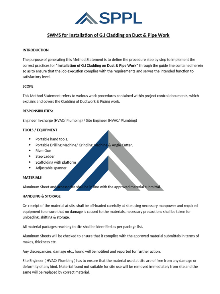 SWMS For Installation of G.I Cladding On Duct & Pipe Work | PDF