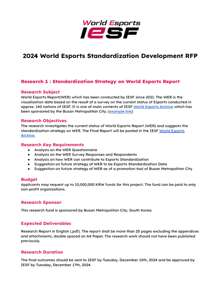 RFP_ 2024 Esports Standardization Development Research | PDF