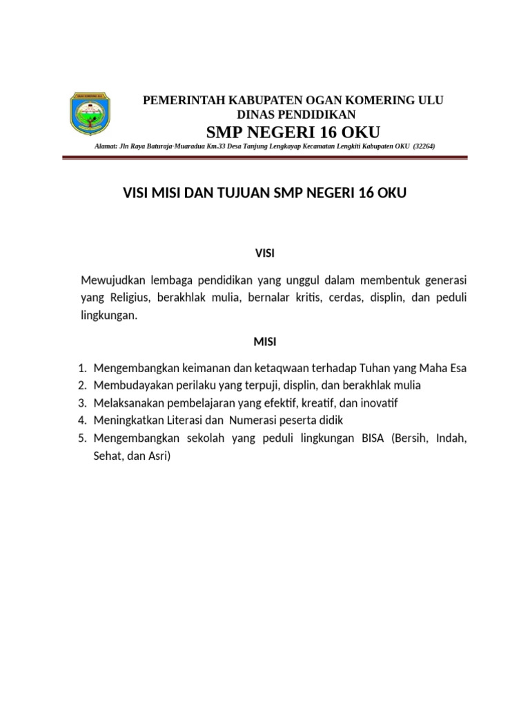Visi, Misi, Dan Tujuan SMP Negeri 16 Oku | PDF