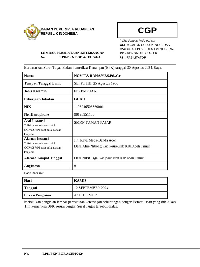 CU-ANGKATAN 8-Template Kuesioner BGO Aceh 09.09.24 | PDF