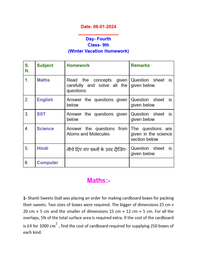 9th Grade Winter Vacation Homework | PDF | Mole (Unit) | Mercury (Element)